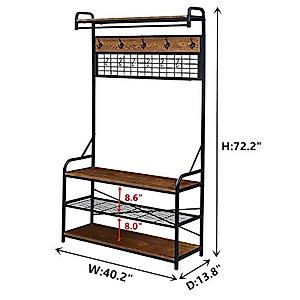 HOMISSUE 5-In-1 Entryway Hall Tree with Shoe Bench, Coat Rack with 11 Hooks and 2 Hanging Rods, Grid Panel for Memo and Photo Display, Brown Finish