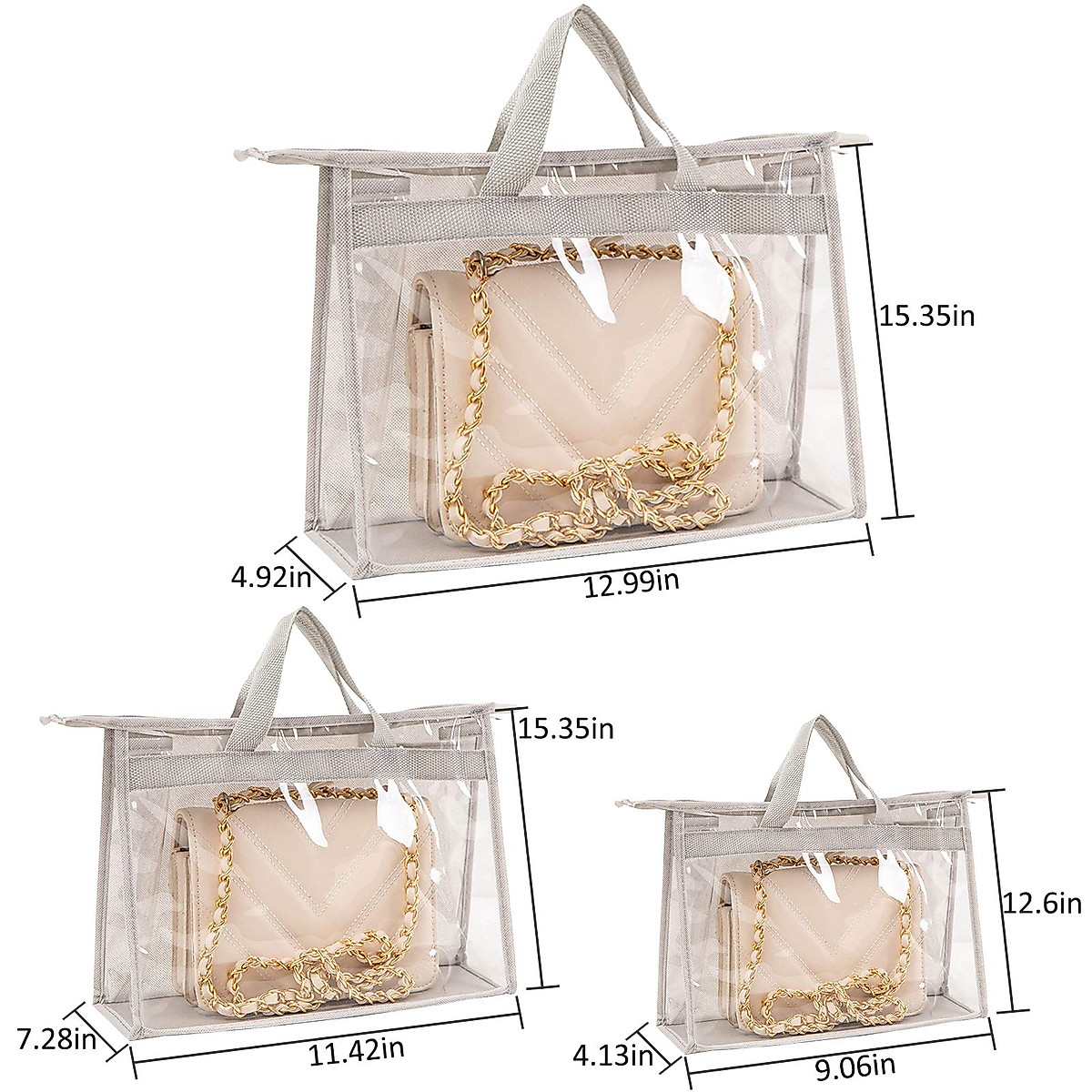 Regilt 3 PCS Transparent Handbag Storage Organizer Space-Saving Dust Cover Bag Dust-Proof Purse Storage Bag with Zipper and Handle (Grey, 3)