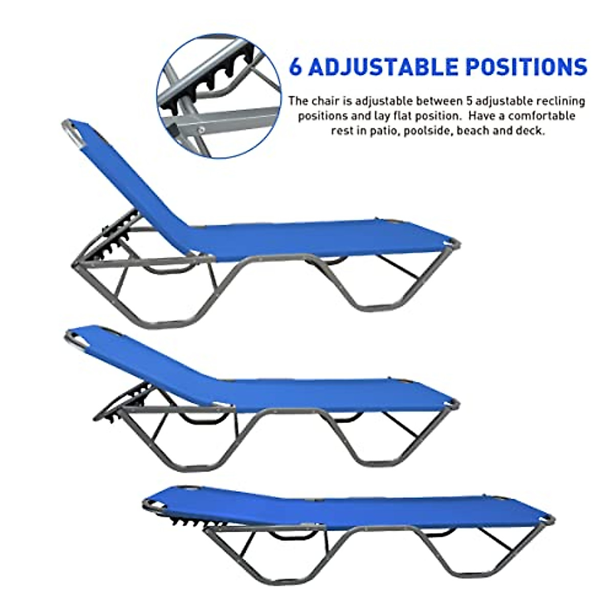 EasyGo Product Chaise Lounger – Aluminum Sun Lounge Chair – Adjustable Outdoor Patio Beach Porch Swing Pool-Five-Position Recliner-Lightweight All Weather, Blue 2 Pack