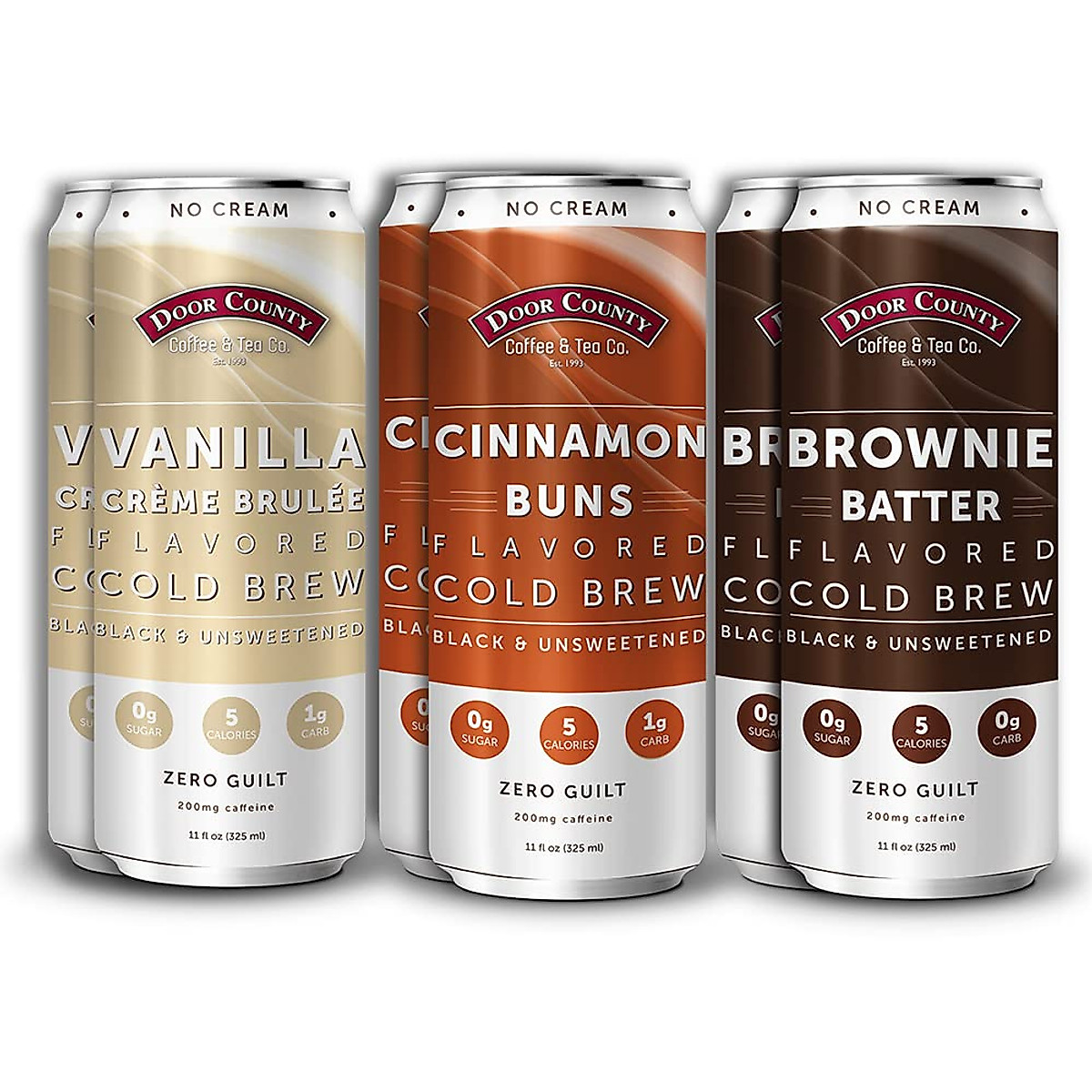 Door County Coffee Variety Pack Flavored Cold Brew – 11 Fl. Oz. 6 Pack – 2 Cinnamon Buns, 2 Brownie Batter, 2 Vanilla Crème Brulee,