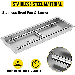 VBENLEM Fire Pit Pan 37.5x14 Inch, Stainless Steel Rectangular Fire Pit Pan and Burner, Built-in Fire Pit Pan with H-Burner, 150K BTU