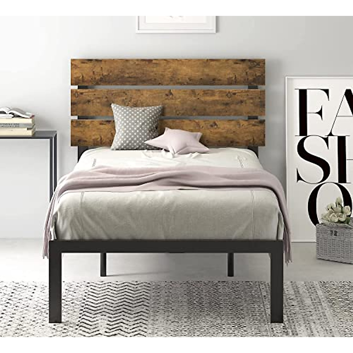 SHA CERLIN Twin Size Platform Bed Frame with Wood headboard and Metal Slats/Rustic Country Style Mattress Foundation/Box Spring Optional/Strong Metal Slats Support/Easy Assembly, Dark Brown