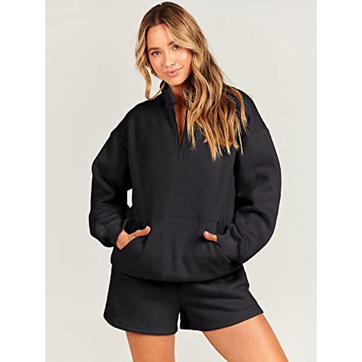 ANRABESS Women 2 Piece Outfits Fall Clothes Set Sweatsuit Oversized Half Zip Fleece Sweatshirt Casual Short Set Lounge Wear Tracksuit Set 2023 Trendy Sweat Set 1030heise-XL