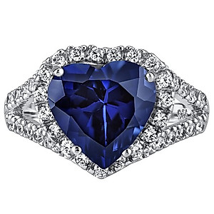 PEORA Created Blue Sapphire Signature Heart Ring for Women 925 Sterling Silver, Large 6.50 Carats Heart Shape 11mm, Size 6