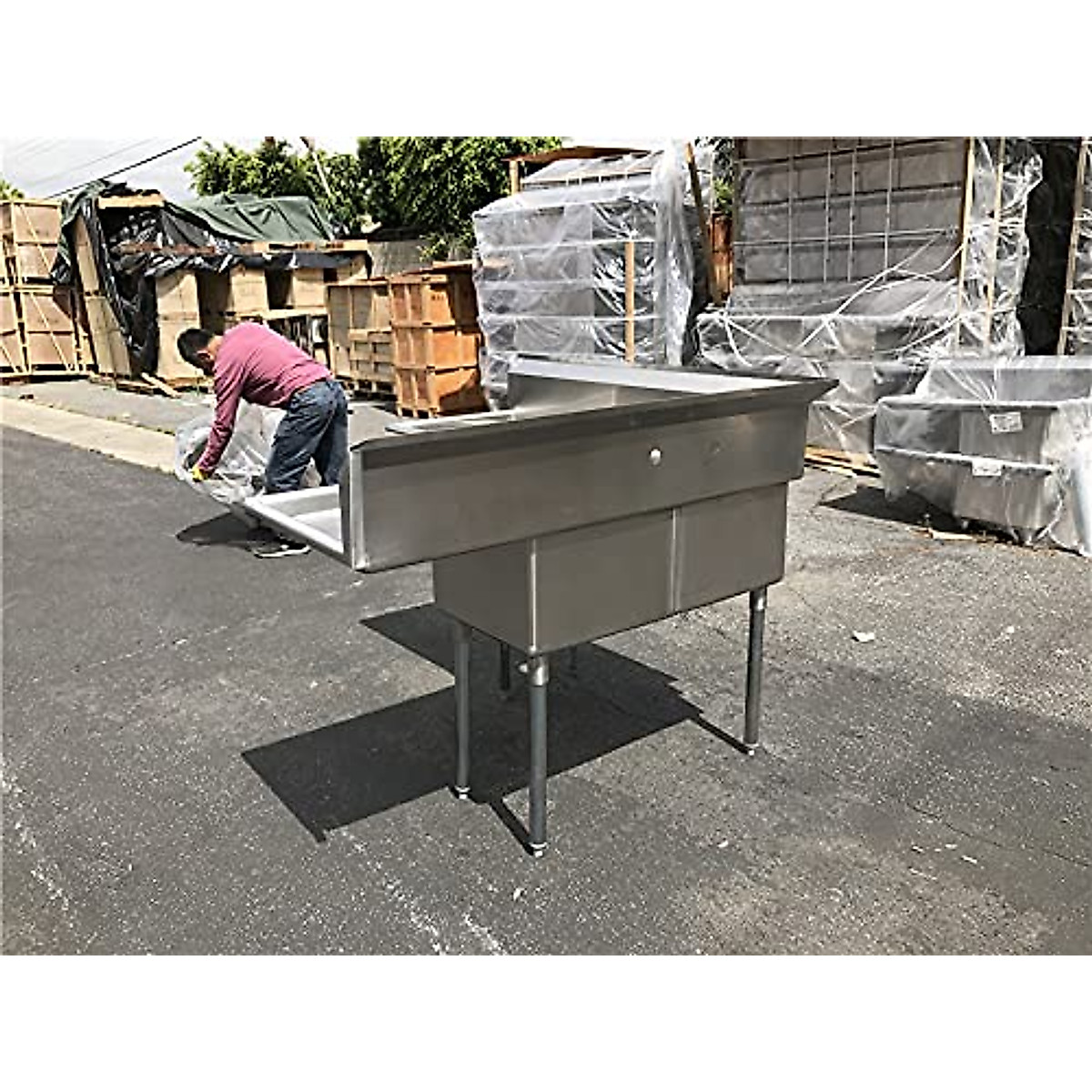 Commercial Kitchen Corner Sink 3 Compartment Stainless Steel NSF with Right and Left Drainboards，Splashboard