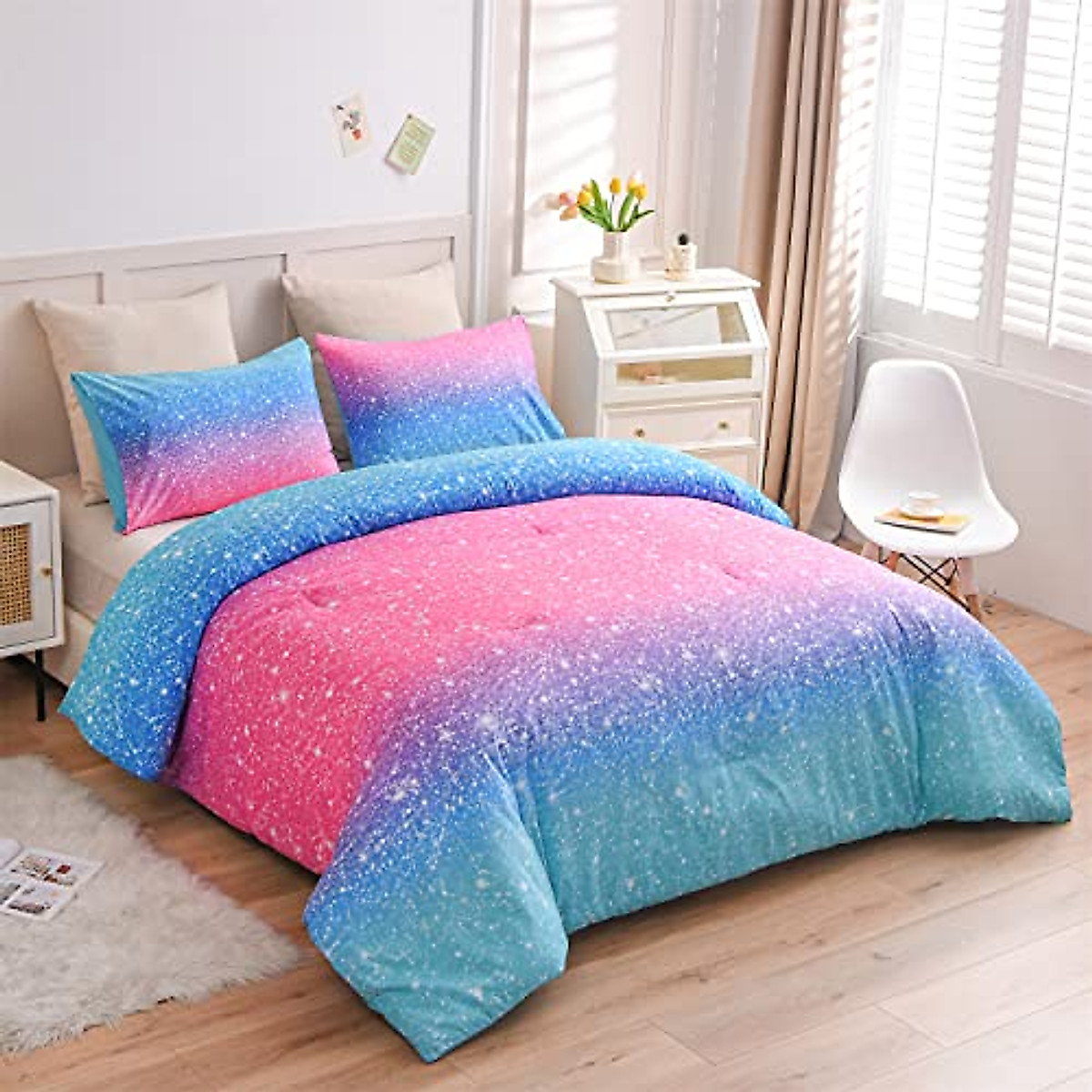 Holawakaka Kids Space Star Glitter Comforter Set Ombre Pink & Blue Print Gradient Bedding Set Twin Size (Pink Blue, Twin)