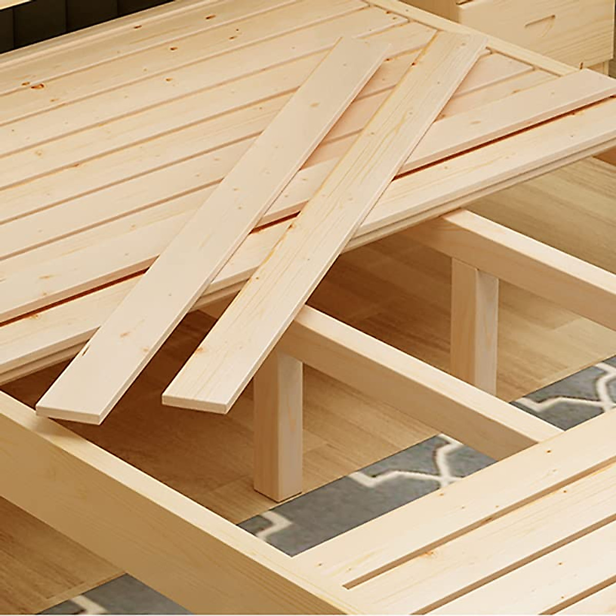 LITFAD Contemporary Pine Wood Platform Bed Natural Bed Frame with Headboard Wooden Slats Support Bed (No Box Spring Needed) - Storage Not Included Single Bed Horizontal Paving, California King