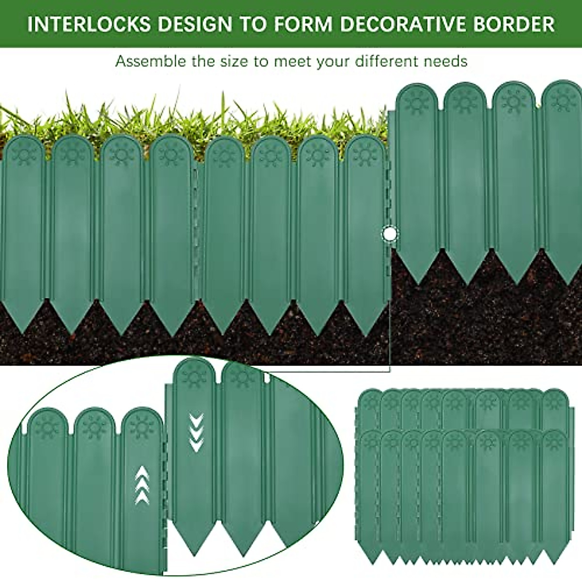 EEOCWF 10PCS Green Garden Edging Borders, 8.66"X8.66" Plastic Garden Landscape Edging, 7.2ft Interlocking Decorative Garden Fences Edging, Lawn Edge Flower Bed Border for DIY Patio Walkways Yard