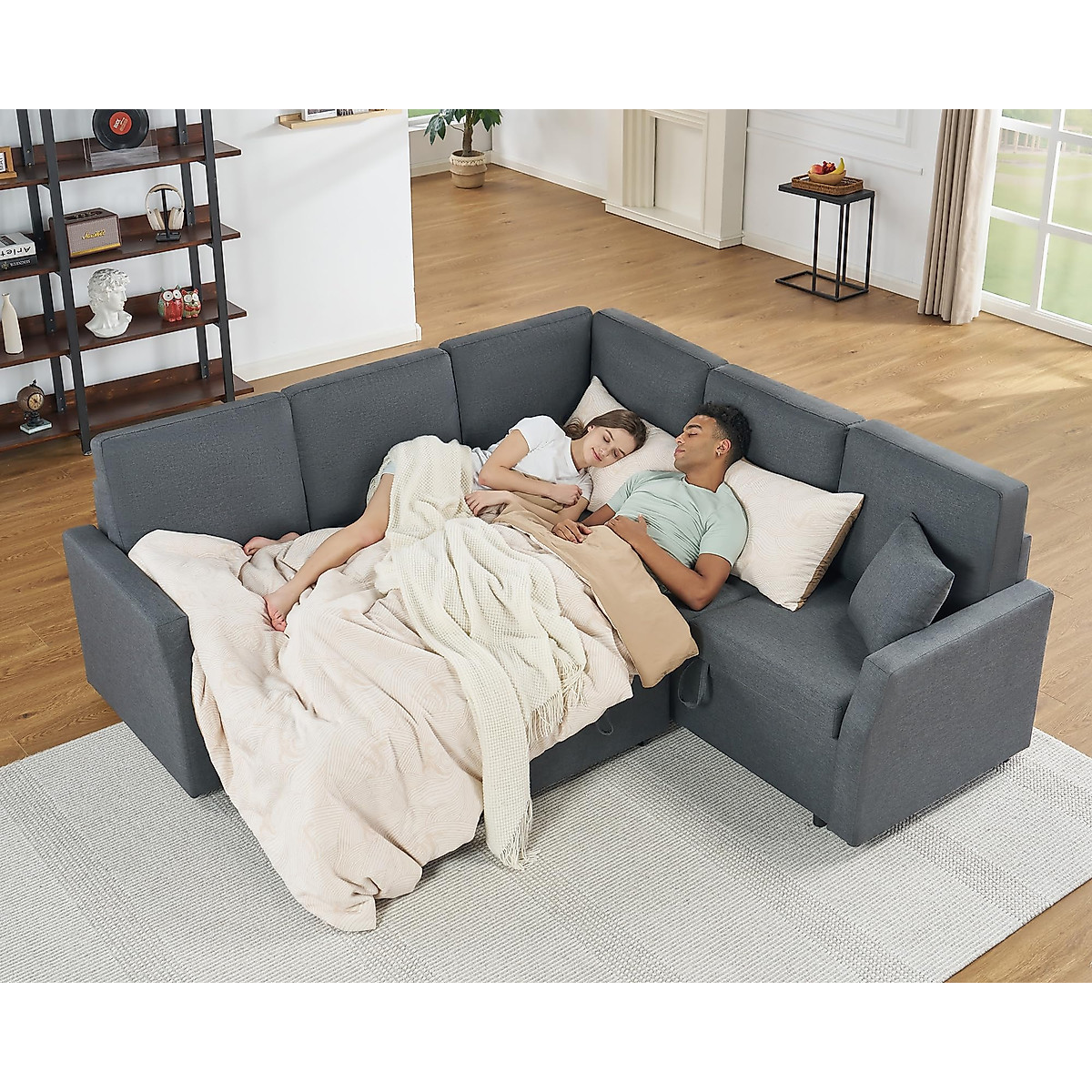 Jocisland Sofa Bed, 85 Inch Sleeper Sofa with Pull Out Bed & Storage Seat, Oversized L Shape Sectional Sofa for Living Room Apartment, Grey Linen Reversible Couch