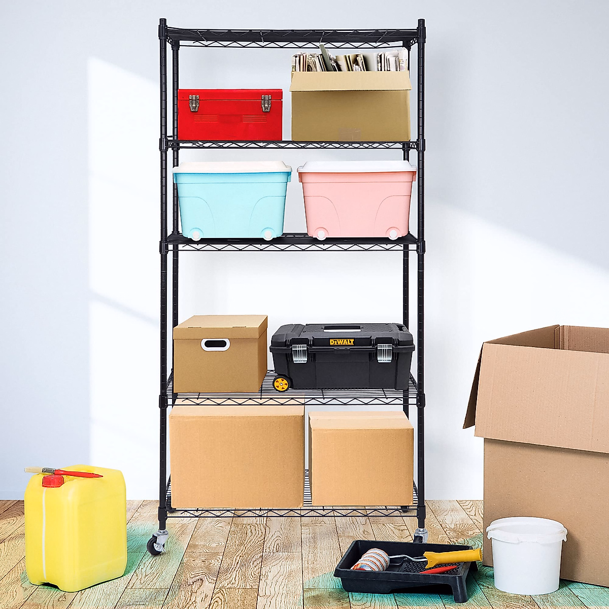 JupiterForce 5-Shelf Adjustable, Heavy Duty Storage Shelving Unit with 4 Wheel Casters, Metal Organizer Wire Rack for Kitchen, Office, Garage, Black (30L x 14W x 62H)