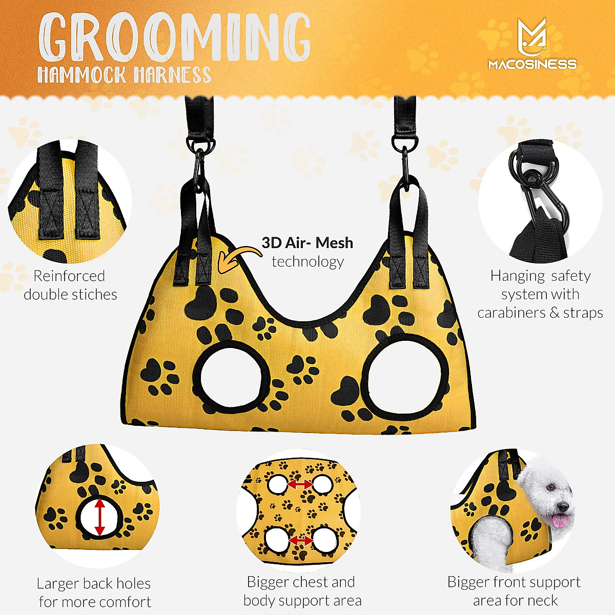 MAcosiness Pet Grooming Hammock for Nail Trimming - Complete Groomers Helper Set for Pet - Dog Grooming Hammock with Hook - Cat Nail Clipper - Dog Hammock for Nail Clipping (S, Gold with Black Paws)