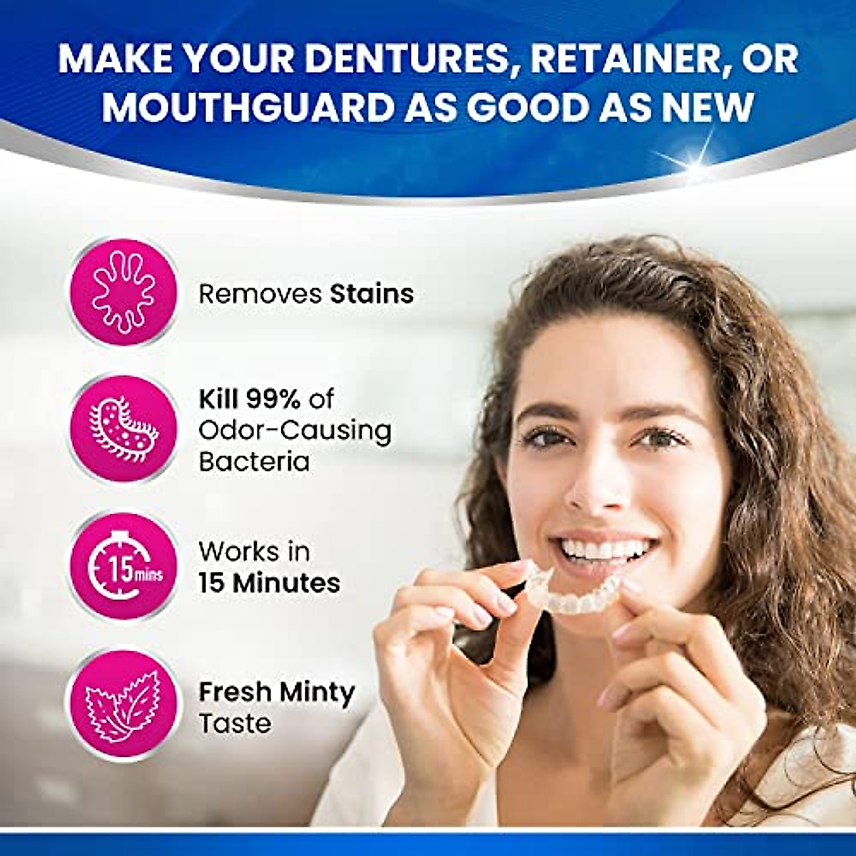 120 Retainer and Denture Cleaning Tablets (4 Months Supply) - Cleaner Removes Plaque, Stains from Dentures, Retainers, Night Guards, Mouth Guard, Aligners and Removable Dental Appliances