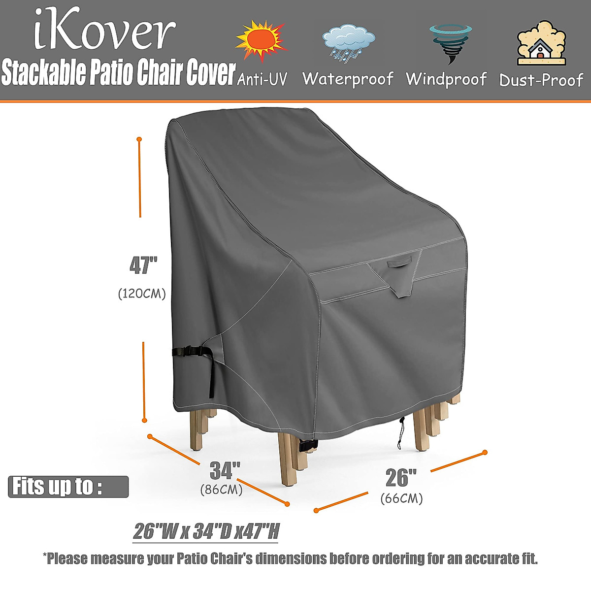 HWmatyCover Stackable Patio Chair Cover, Waterproof Outdoor Chair Cover, Heavy Duty Lawn Patio Furniture Covers, Fits for 4-6 Stackable Dining Chairs, (28" Wx40" Dx47" H, Grey)