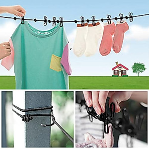 FYY Clothesline, Portable Elastic Travel Camping Clothes line with 12 Black Clips, Retractable Laundry Drying line for Home, Backyard, Hotel, Outdoor and Indoor Use (Black)