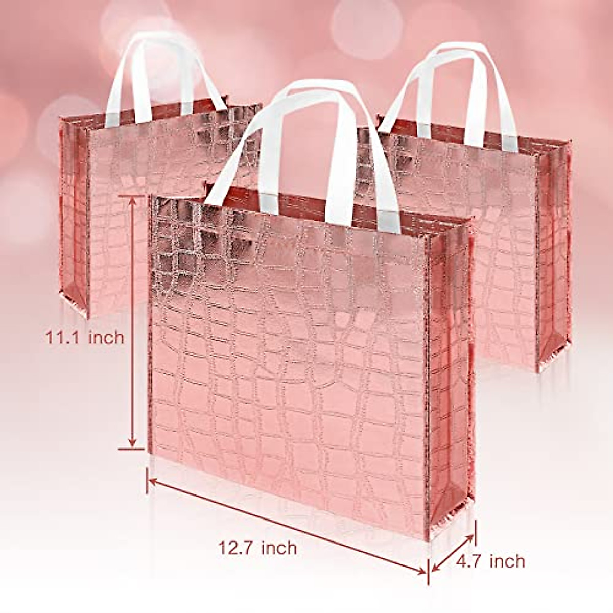 LadyRosian 12 Pcs Reusable Glossy Rose Gold Gift Bag, Non-woven Tote Grocery Bag with Handle, Foldable Party Favor Gift Bags for Bridesmaid, Wedding, Party, Birthday, Valentines, Proposal