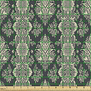 Ambesonne Damask Fabric by The Yard, Victorian Style Baroque Classic Pattern with Ornamental Floral Leaves Image, Decorative Fabric for Upholstery and Home Accents, Charcoal Grey Cream