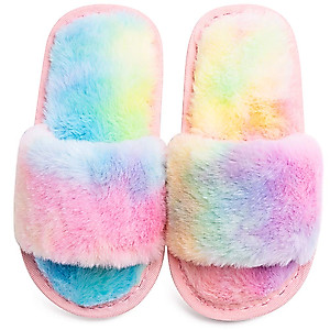 techcity Boys Girls Fuzzy House Slippers Cute Comfy Faux Fur Slip On Fluffy Plush Open Toe Home Slides for Kids Indoor Outdoor Warm Shoes (Rainbow, numeric_10)
