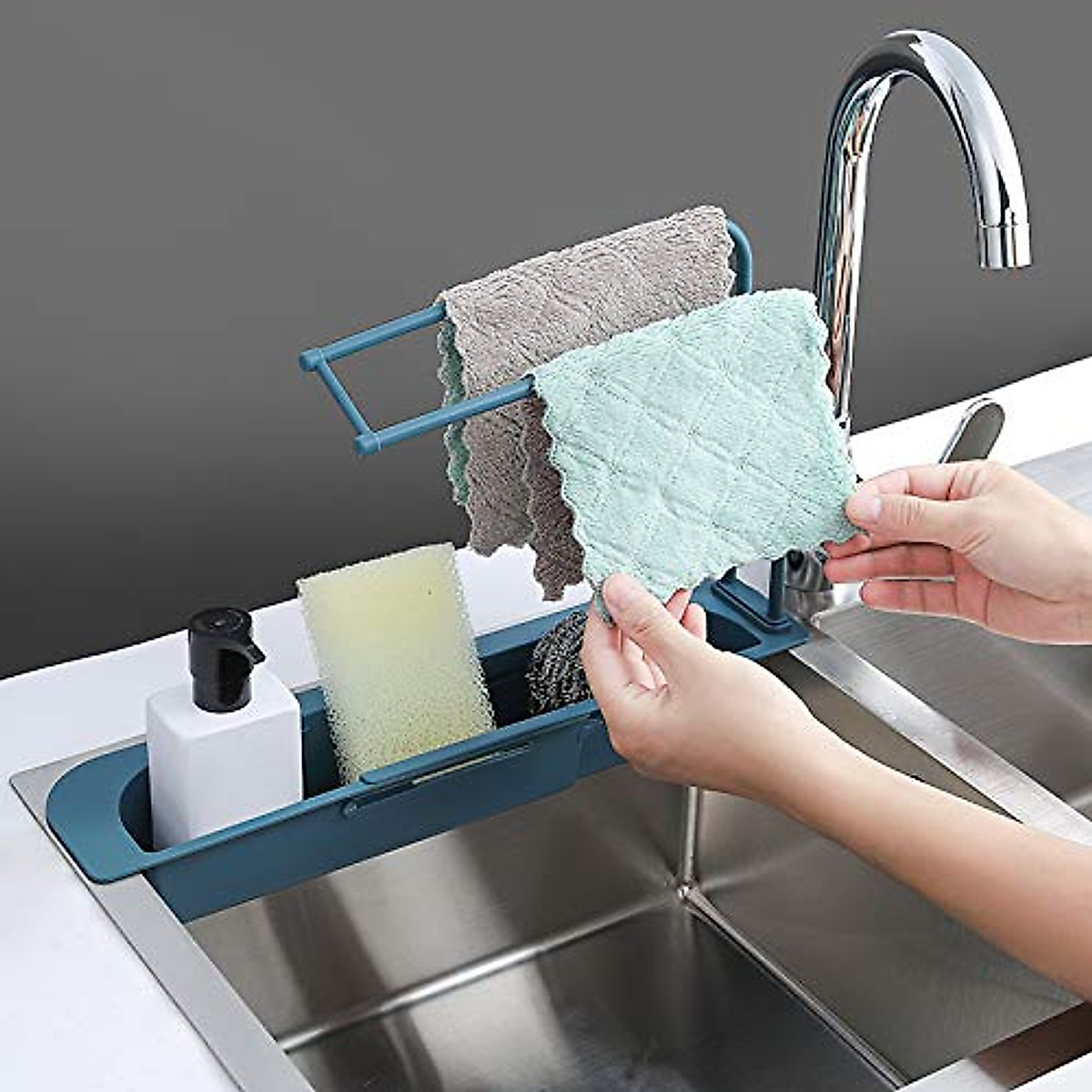 Telescopic Sink Holder,Expandable Storage Drain Basket Rack, Adjustable Expandable Sponge Soap Holder Drainer Sink Tray with Dishcloth Drying Rack for Home Kitchen Sink (Gray)
