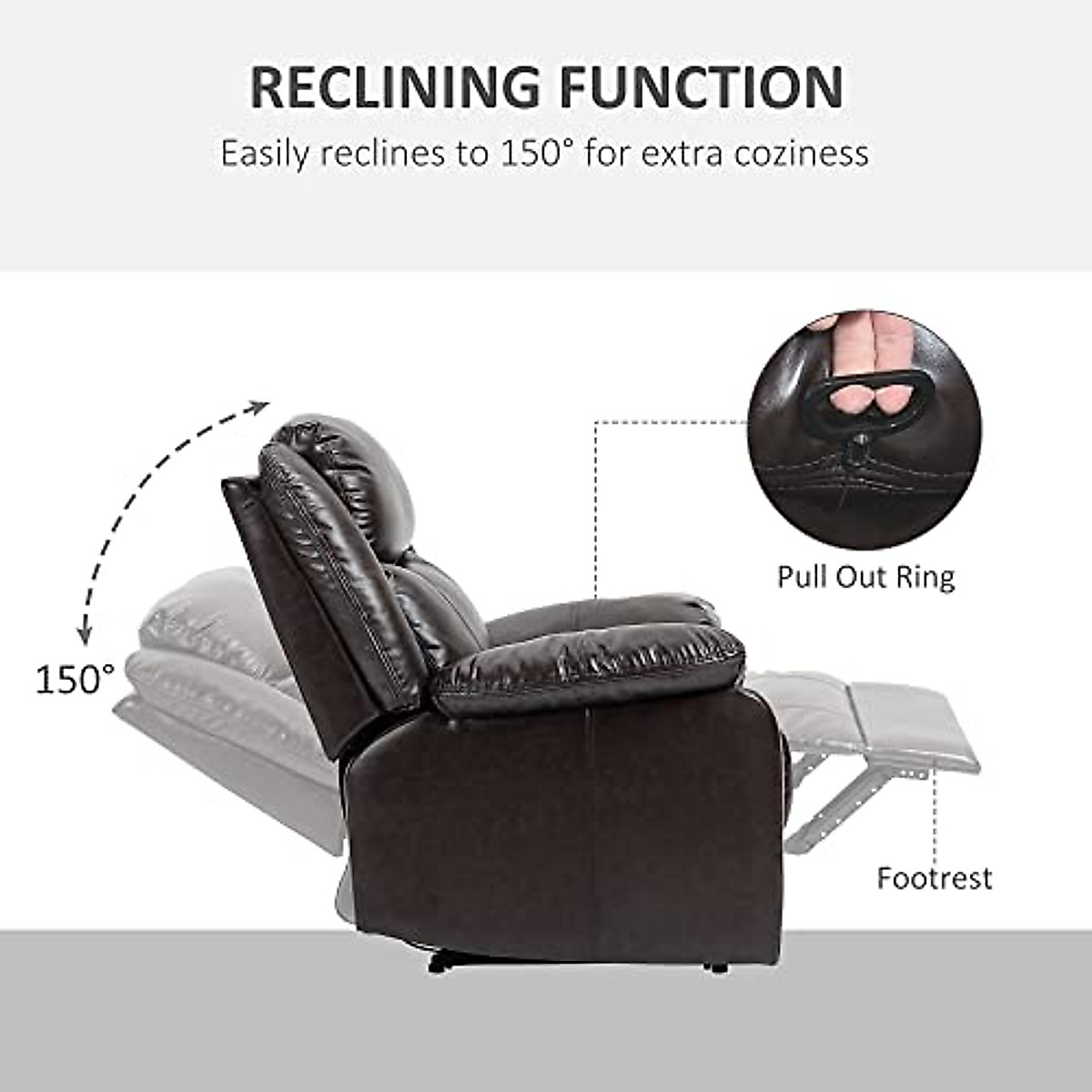 HOMCOM PU Leather Manual Recliner with Thick Padded Upholstered Cushion and Retractable Footrest, Brown