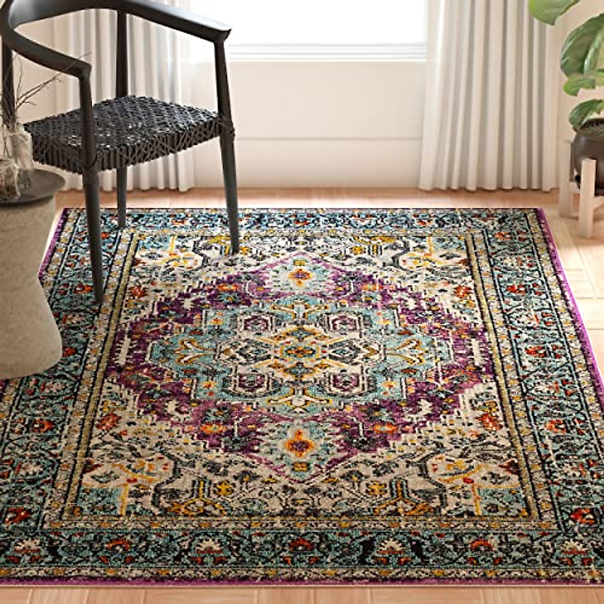 SAFAVIEH Monaco Collection 8' x 10' Violet/Light Blue MNC251L Boho Chic Medallion Distressed Non-Shedding Living Room Bedroom Dining Home Office Area Rug