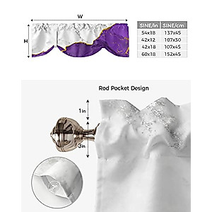 Tie Up Valance 18 Inches Long Wild Marble Pattern Gold Purple White Ombre Adjustable Top Shade Valance for Kitchen Window Treatments Rod Pocket Short Valances for Living Room Kids Room 60x18" 1 Panel