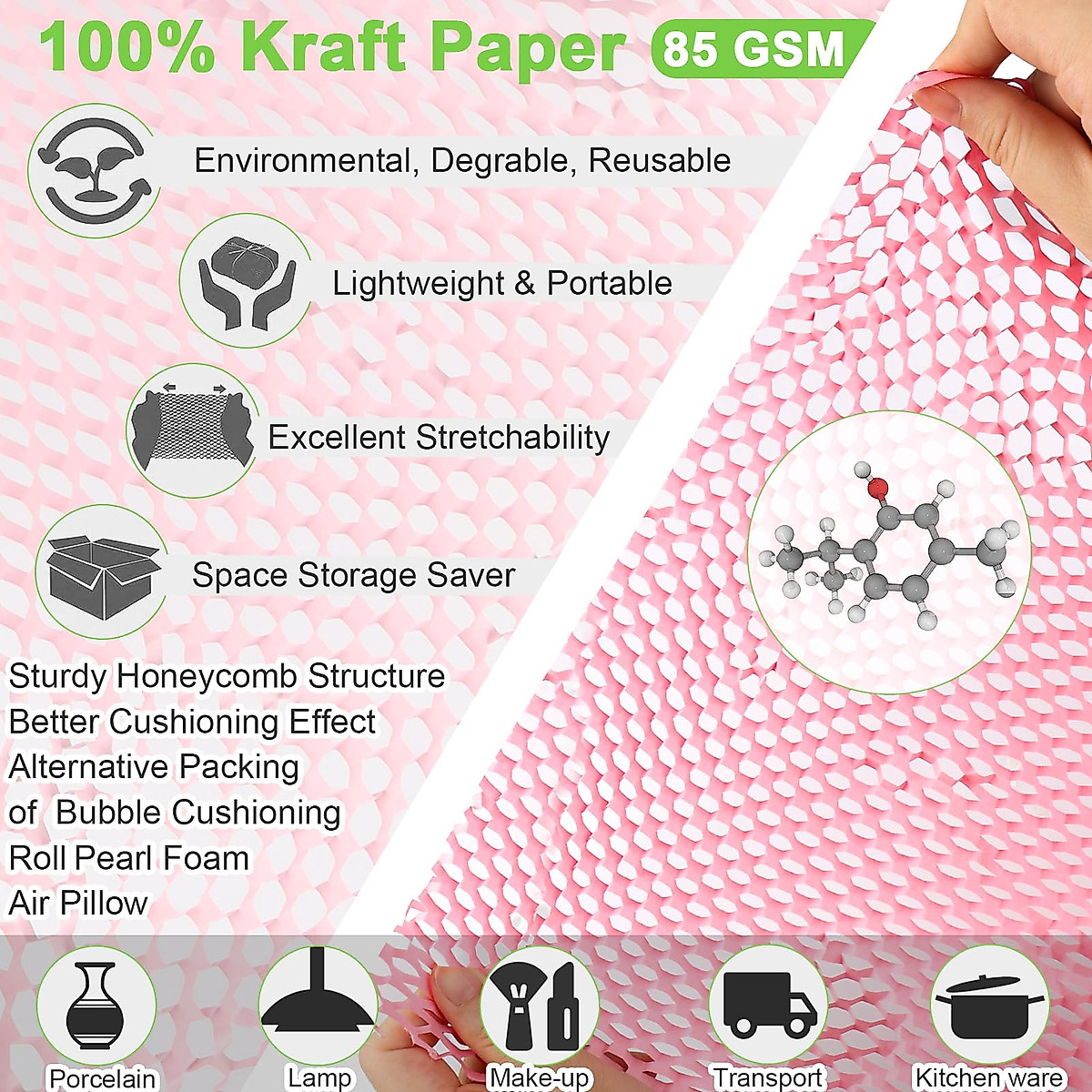Honeycomb Packing Paper, 15" x 131'ft Honeycomb Cushioning Wrap Roll, Packing Paper Sheets for Moving Shipping with 20 Fragile Stickers, Recyclable Packing Wrap Honeycomb Paper Packing Supplies-Pink