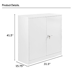 Superday White Metal Cabinet, 42"×36"×18" Locking Storage Cabinet with 2 Doors and 2 Shelves, Small Lockable Metal Steel Utility Cabinet for Office File Bathroom Medicine Pantry