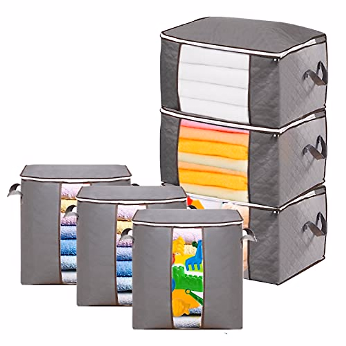 6 Packs Clothes Storage Bags - Foldable Large Capacity Organizer with Reinforced Handle Sturdy Zipper Large Clear Window (Gray)