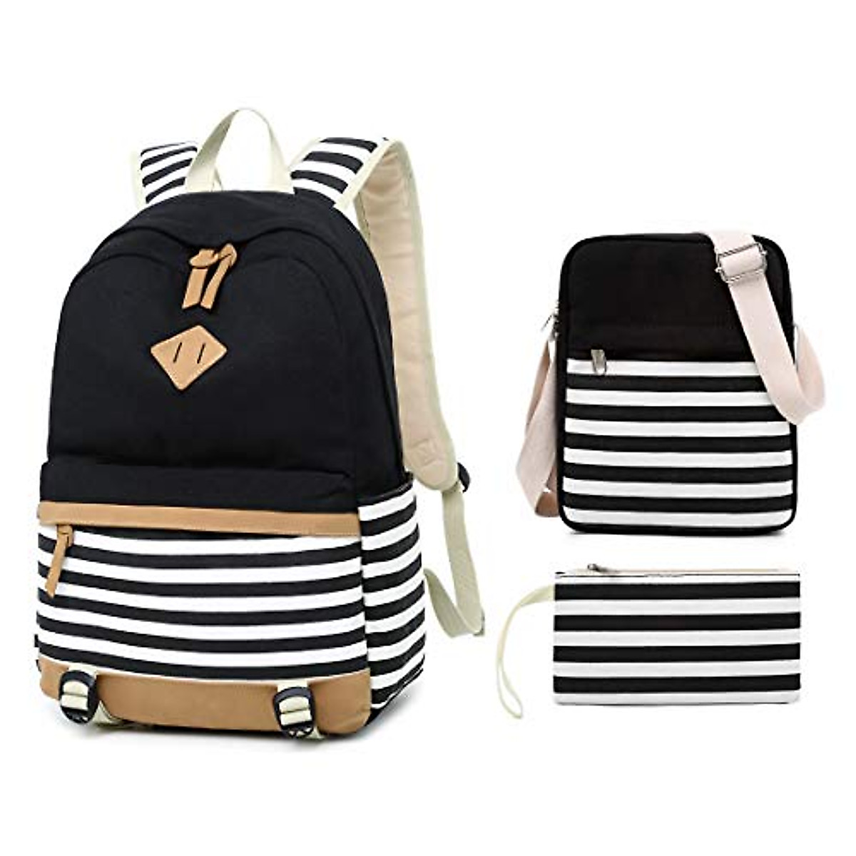 Gazigo Girls School Backpack Causal Canvas Stripe Backpack Cute Teen Backpacks For Girls School Bag (Black)
