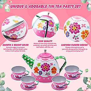 34PCS Kids Tea Party Set for Little Girls, Tin Tea Set Pretend Play with Girl Purse & Tea Party Hat Jewelry Set, Teapot Tea Cups Play Dishes, Birthday Gift Toys for Toddler Girl Kid Age 3+