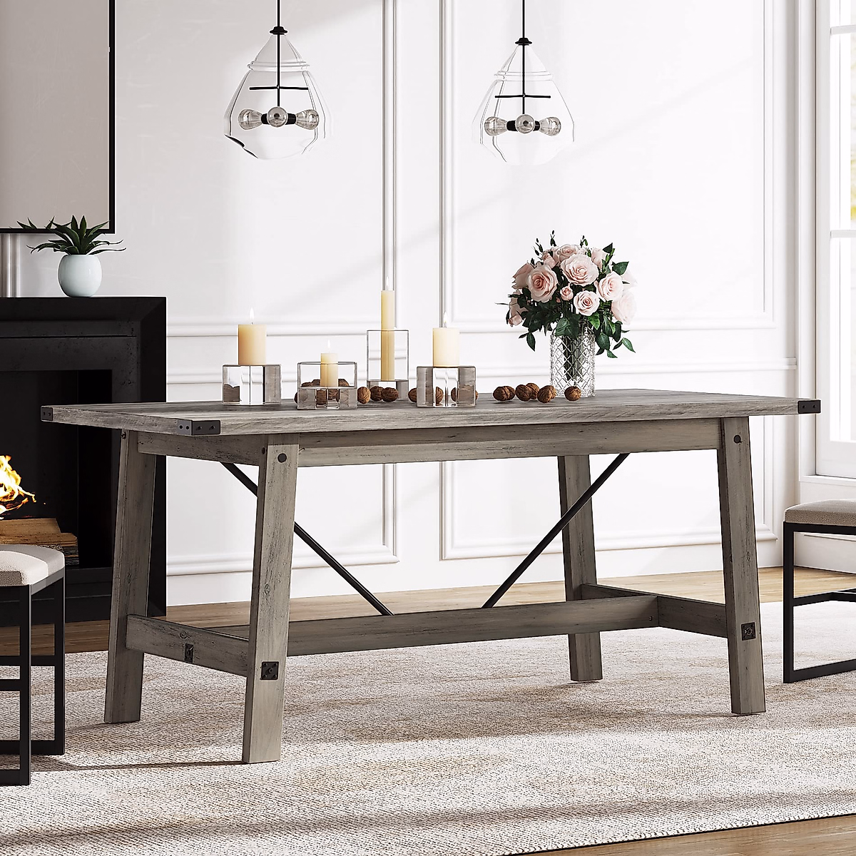 WAMPAT 4-6 Person Farmhouse Dining Table with Heavy Duty Wooden Legs, 67.7 Inch Rectangular Modern Wood Kitchen Table for Dining Room & Living Room, Rustic Grey