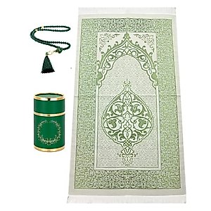Prien Muslim Prayer Rug, Prayer Beads, Figured Cylinder Gift Box, Muslim Set Pearl Tasbih, Sajadah, Elegant Islamic Gifts, Soft Praying Mats, Light Prayer Carpet Mat, Taffeta Fabric (Green)
