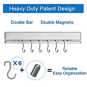 HomeSimplex 12 Inch Magnetic Knife Holder for Refrigerator with 6 Hooks - Double Sided Magnetic Knife Strip for Fridge - Premium Magnetic Knife Bar Rack - 304 Stainless Steel Kitchen Utensil Hanger