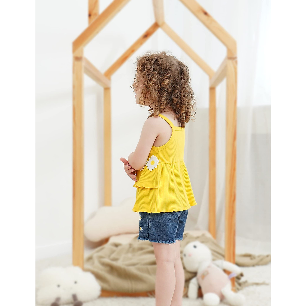 itkidboy Toddler Baby Girls Clothes Ruffle Cami Tank Flower Tops Blouse Denim Shorts Pants Kids Summer Outfit Set(3-4T)