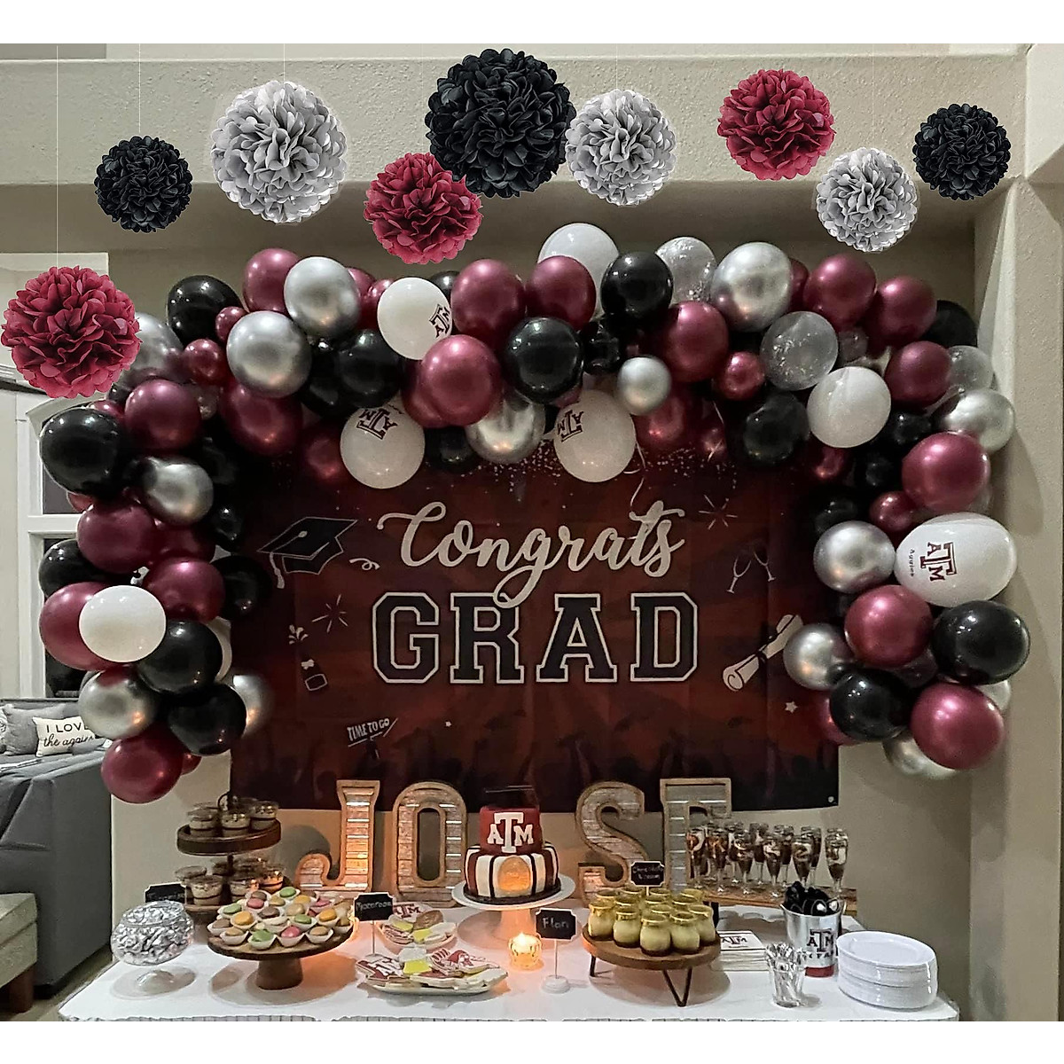 9PCS Maroon Burgundy Black Silver Tissue Paper Flowers Hanging Pom Poms Wall Backdrop Streamers for Graduation Bridal Wedding Shower Bachelorette Retirement Party Décor