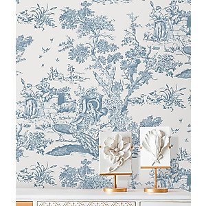 Peel and Stick Wallpaper Blue and White Wallpaper Toile Removable Self-Adhesive Wallpaper for Bedroom Bathroom Vintage Contact Paper for Walls Covering 16In×78.7In