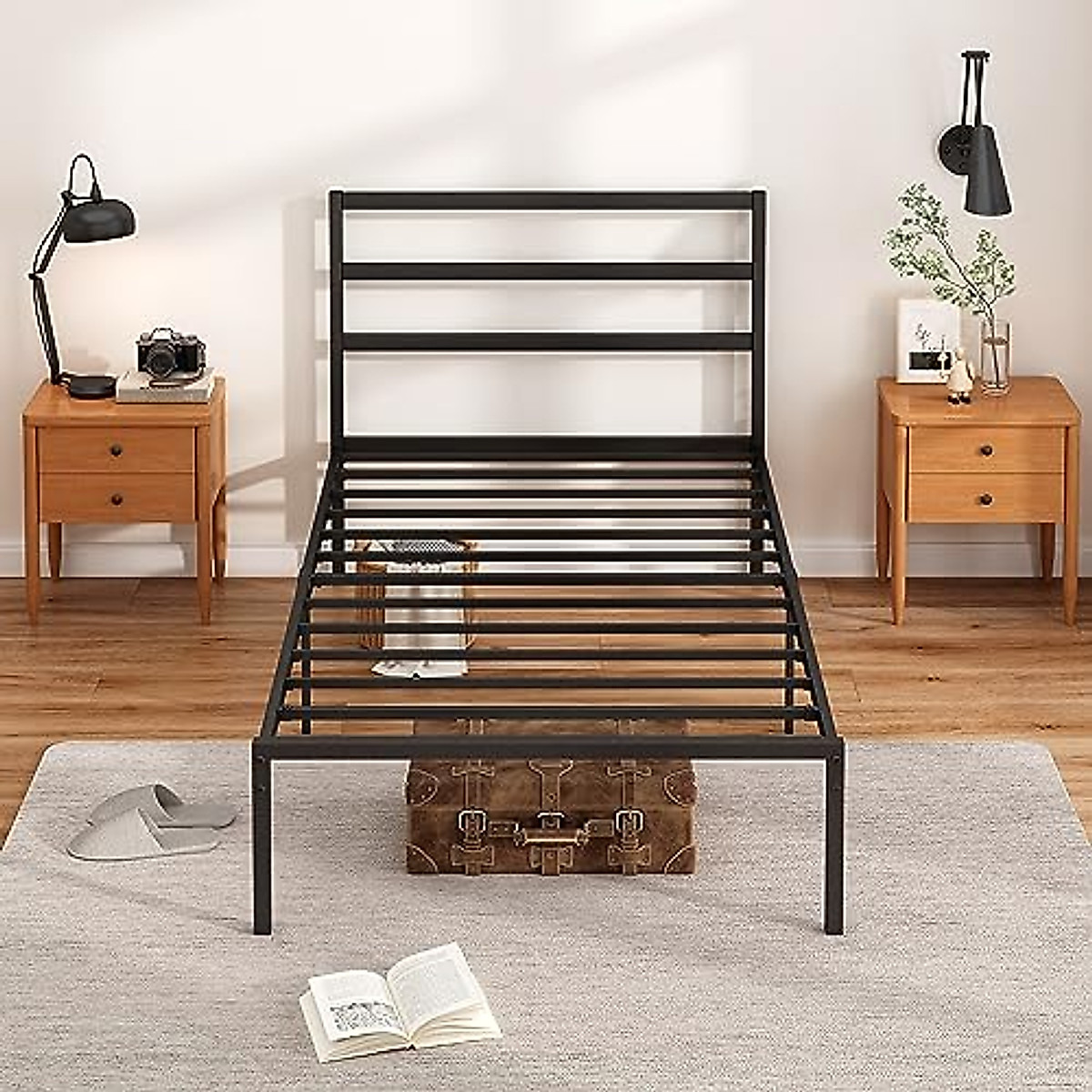 Closadin Twin Size Platform Bed Frame with Headboard,Sturdy Heavy Duty Metal Slats Support for Mattress,No Box Spring Needed,Easy to Assemble,Black
