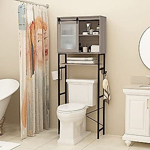 AZODY Over The Toilet Storage Cabinet, Over The Toilet Storage with Adjustable Shelves and Sliding Door, Freestanding Bathroom Organizer Over Toilet for Bathroom, Grey