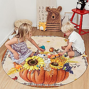 Boho Pumpkin Round Area Rug 3ft,Washable Outdoor Indoor Carpet Runner Rug for Bedroom,Kitchen,Bathroom,Living Room,Office,Area+Rug Small Bath Door Desk Floor Mat Thanksgiving Fall Southwest Sunflower
