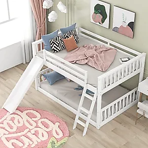 Jintop Full Over Full Bunk Bed with Convertible or Removable Slide and Ladder,Modern Loft Shelf Bed,w/Slat Support,No Box Spring Needed,for Apartment,Bedroom,Guest Room,White