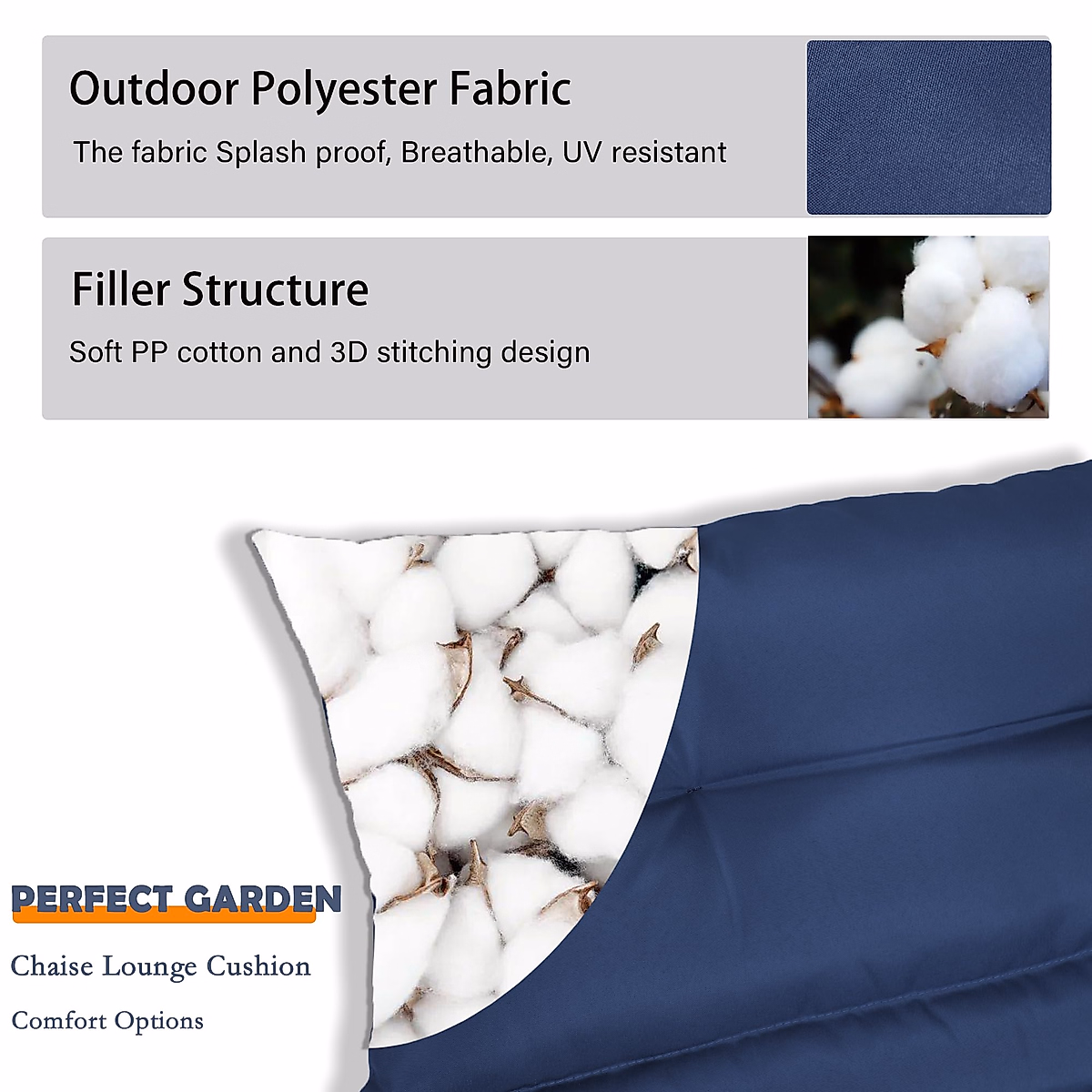 PERFECT GARDEN Chaise Lounge Cushion Outdoor Waterproof Patio Foldable Furniture Lounge Chair Cushions for Garden Patio Pool 76 * 23inch (Navy Blue, 2-Pcs Set)