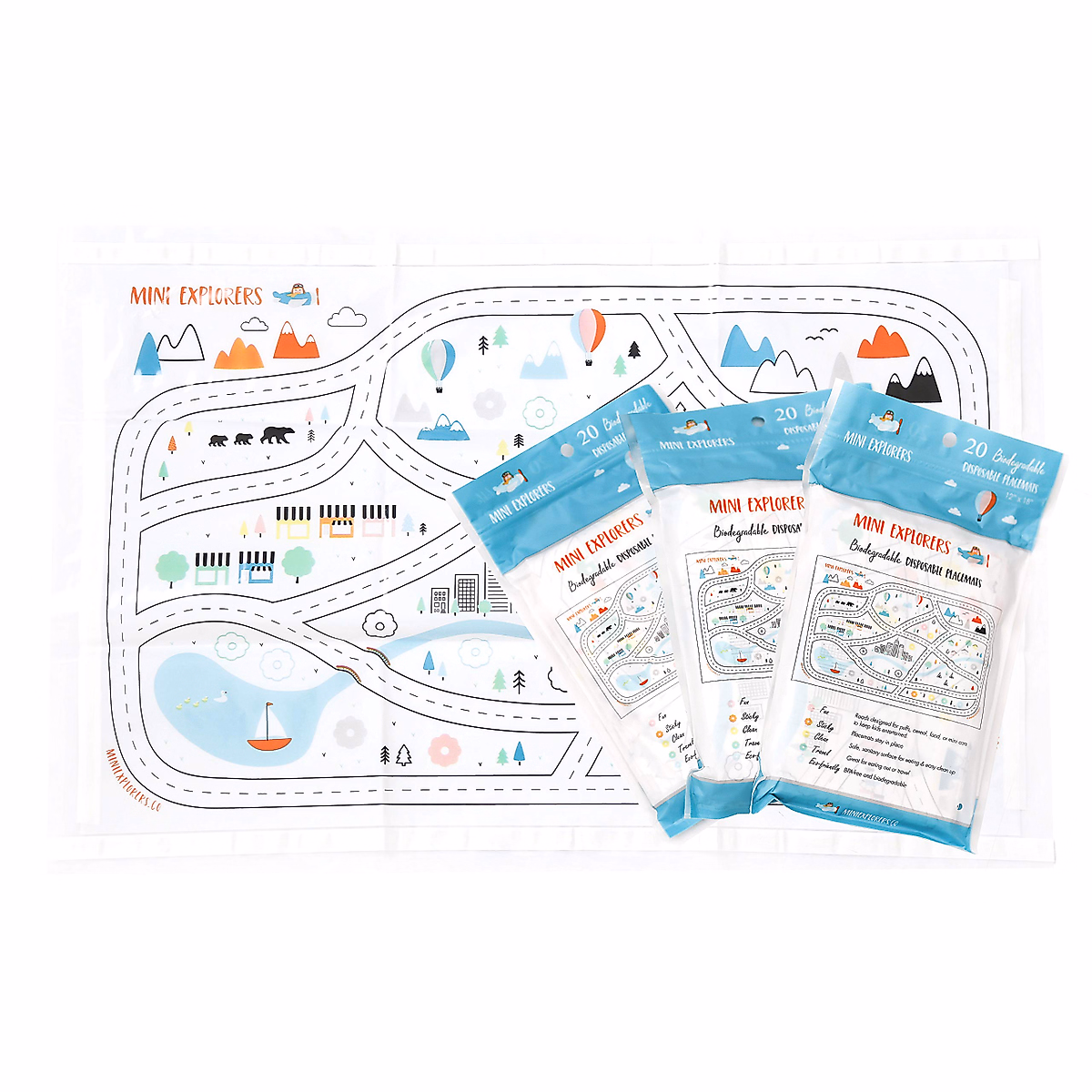 Disposable Placemats for Baby Toddlers Kids, Table Topper Disposable Placemats - Biodegradable BPA-Free Premium Super Sticky Stick-on Place Mats - Roadmap by Mini Explorers (60 Count)