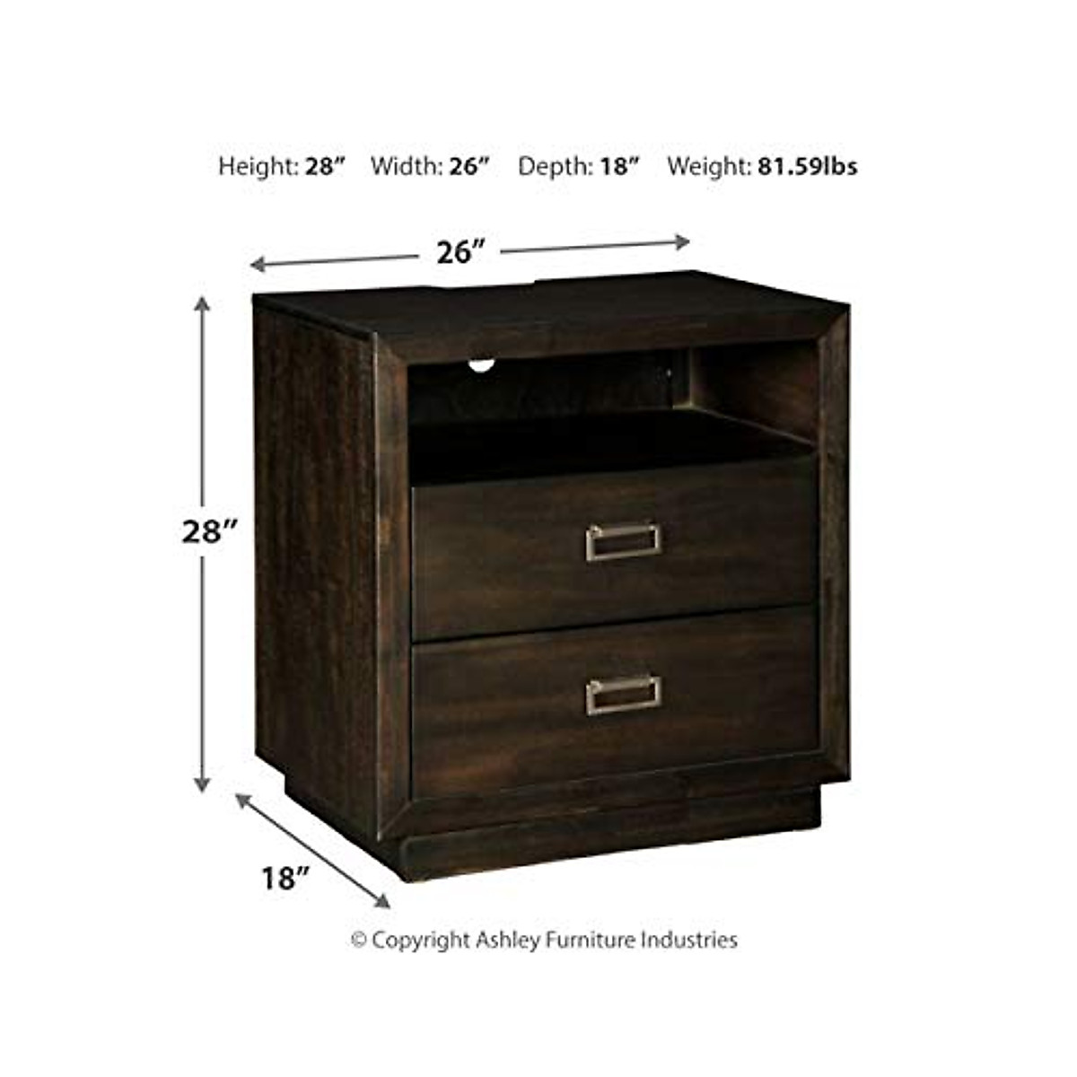Signature Design by Ashley Hyndell Contemporary 2 Drawer Nightstand with Open Cubby Storage, 2 Electrical Outlets & 2 USB Charging Ports, Espresso Brown