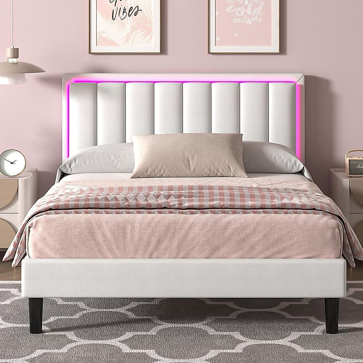 IMMERSTABLE Full Size Bed Frame with Smart LED Headboard, Upholstered Bed Frame Full with Double Headboard, Heavy Duty Wood Slats Support, Noise-Free, No Box Spring Needed, Easy Assemble, White