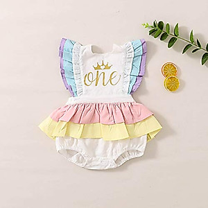 Newborn Infant Baby Girl One 1st Birthday Ruffle Sleeveless Romper Tutu Dress Jumpsuit Bodysuit Cake Smash Outfits (White-Crown, 6-12 Months)