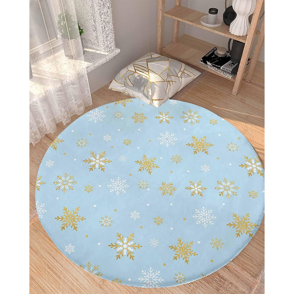 Snowflake Blue Fluffy Round Area Rug Carpets 3.3ft, Plush Shaggy Carpet Soft Circular Rugs, Non-Slip Fuzzy Accent Floor Mat for Living Room Bedroom Nursery Winter Christmas Contemporary Gold White