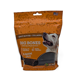 Peanut Butter + Collagen Big Bones for Dogs, 6 Pack - Rawhide-Free, Highly Digestible, All-Natural Ingredients, 10 oz (283g)
