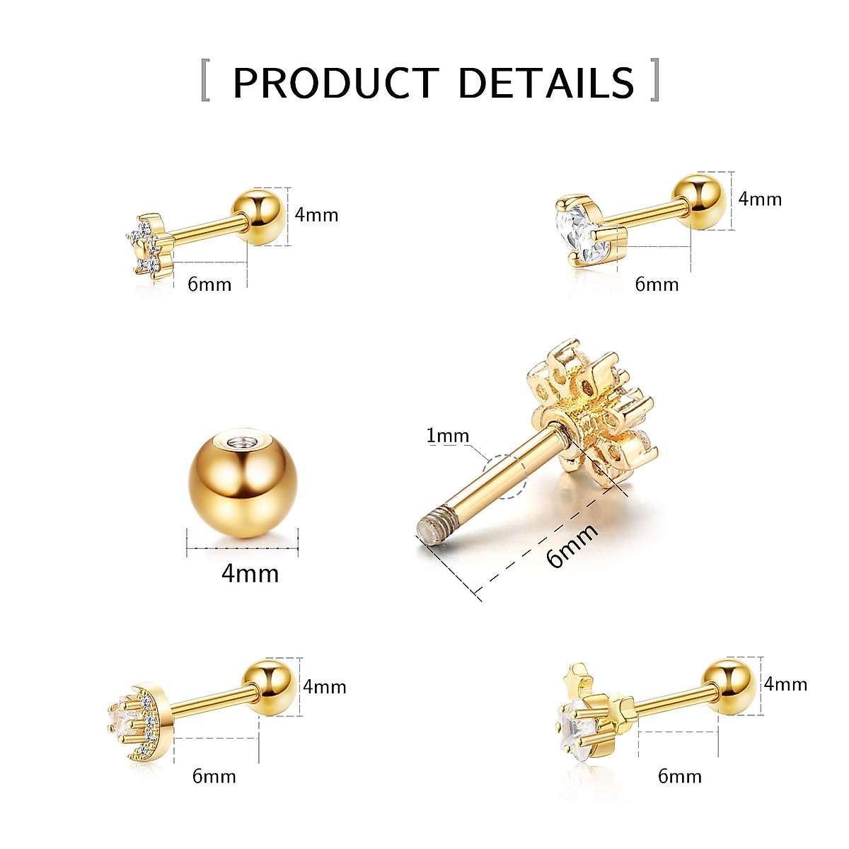 LOYALLOOK 10Pcs Cartilage Earrings Helix Tragus Earring Moon and Star Earrings CZ Heart Flower Barbell Surgical Steel Cartilage Earrings for Women Men Gold Tone