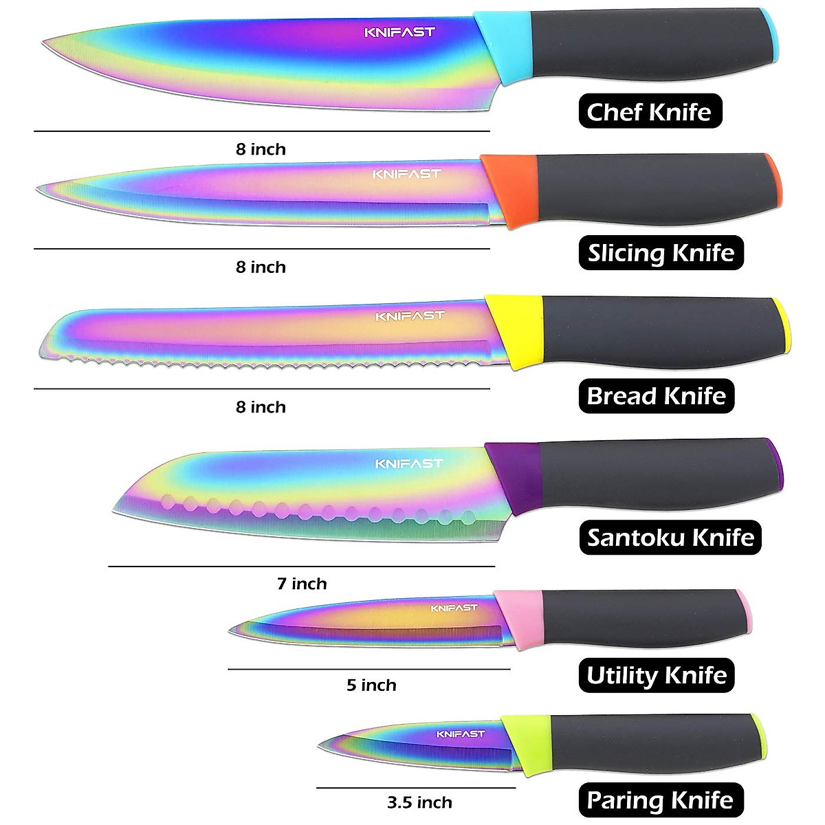 KNIFAST Kitchen Knife set Rainbow Titanium Coated - 12 Pcs Knife Set with Blade Guards, Dishwasher Safe, Razor Sharp German Stainless Steel Blade and Comfortable Handle