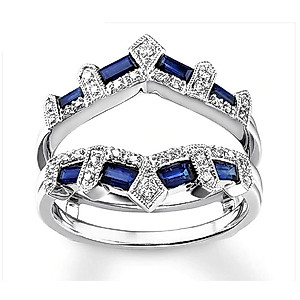 Emerald & Round Cut Created Blue Sapphire & Simulated Diamond Enhancer Wrap Wedding Band Ring For Women In 14k White Gold Plated 925 Sterling Silver (7.5)